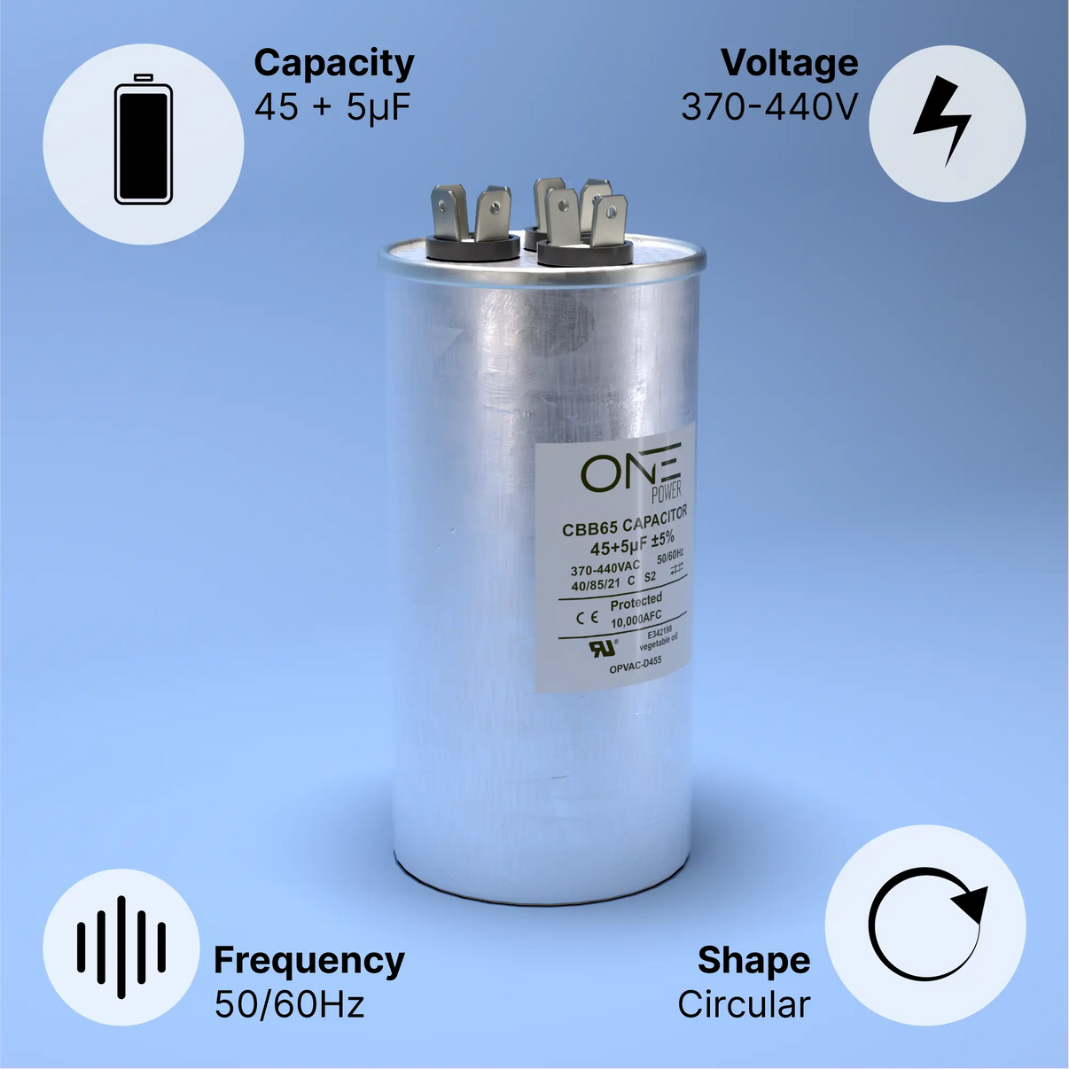 ONE Power 45/5-MFD, 370V or 440V Dual Run A/C Capacitor 45+5 uF CBB65B ...